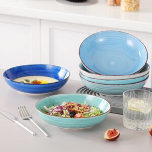 vancasso Bonita Pasta Bowls Set of 6, 38 oz Shallow Bowls, Ceramic Pasta Plates and Salad Bowls, Microwave & Dishwasher Safe Serving Bowls, Blue