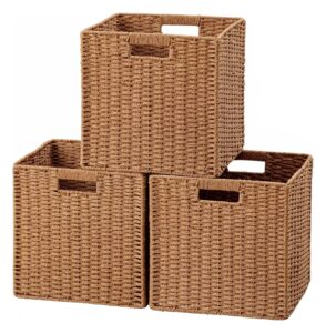 ubbcare 3 pack wicker basket, 11l×11h×10.5w inch woven paper rope storage baskets for shelves, foldable cube storage bin with handle, storage basket for organizing & decor,caramel