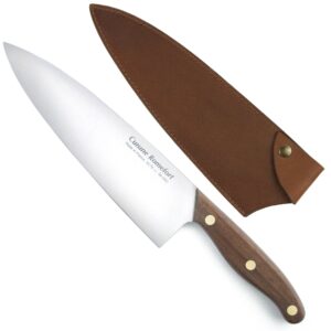 cuisine romefort | sharp carbon steel chef's knife xc75, 8.7 in blade, with leather sheath | chef knives with wooden handle | kitchen knife hardened with 58 rockwell