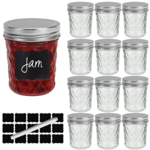 small mason jars 6 oz with airtight silver lids,12 pack 200ml glass diamond canning jar,wide mouth jam jars for jelly,salad,preserving,fermenting,wedding favors(labels and chalk marker included)