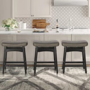 alpha home bar stools set of 3, solid wood saddle kitchen stools with grey pu leather cushion counter height barstools with wooden base for kitchen dining cafe, 24 inch, grey, 3pcs