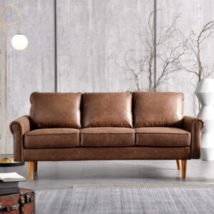 xizzi mid-century sofa 74" suede fabric 3-seat couch with solid wooden frame and high density sponge cushion for living room,bark brown