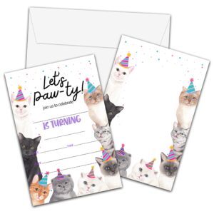 cat birthday invitations with envelopes - kitty cat birthday party invitation card - let's paw-ty fill-in invites cards - cute pet party celebration (20 pack)-25