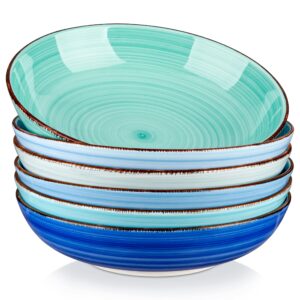 vancasso bonita pasta bowls set of 6, 38 oz shallow bowls, ceramic pasta plates and salad bowls, microwave & dishwasher safe serving bowls, blue