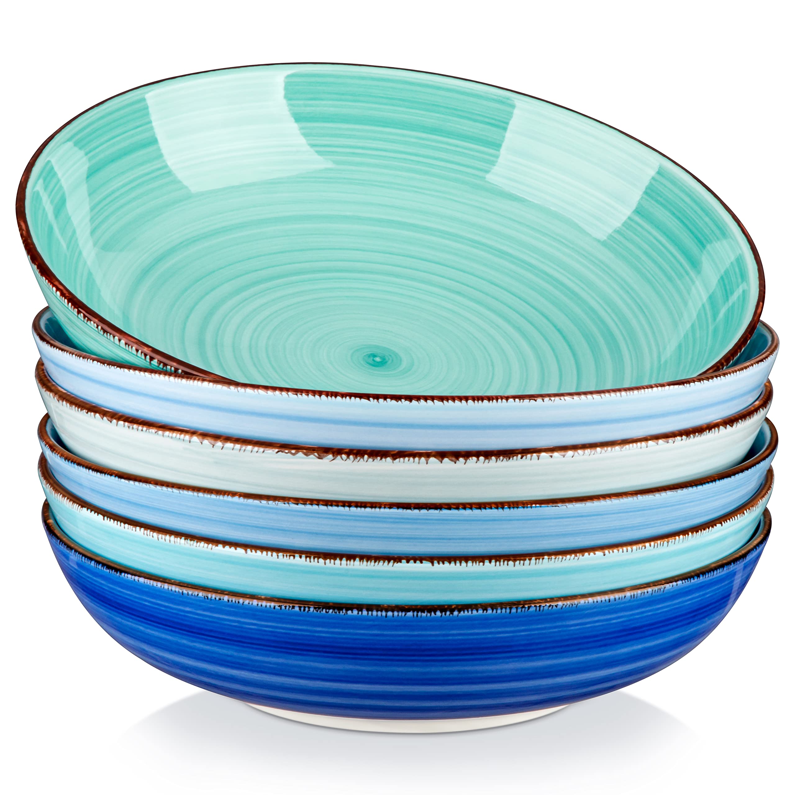 vancasso Bonita Pasta Bowls Set of 6, 38 oz Shallow Bowls, Ceramic Pasta Plates and Salad Bowls, Microwave & Dishwasher Safe Serving Bowls, Blue