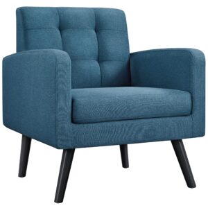 yaheetech mid-century accent chairs, modern upholstered living room chair, cozy armchair button tufted back and wood legs for bedroom/office/cafe, navy blue