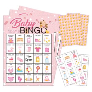 mermermu 5"x7" pink baby shower bingo cards (24 kinds), baby shower party favors for teenagers and adults, road trip activities, travel bingo, school classroom party activity -005babygirl