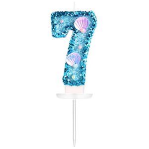 kinbom 3inch birthday number candles, blue glitter number candle cake topper shell sequins cake numeral candles number candles for birthday anniversary mermaid themed party (number 7)