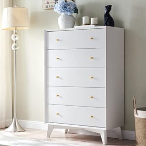 t4tream 5 drawer dresser for bedroom, 48" tall mid-century modern chest of drawers, beveled profile design, wood drawer organizer for bedroom, living room, hallway and entryway, solid white