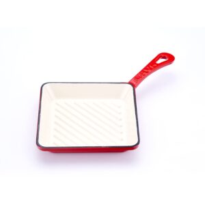 lava enameled cast iron mini ceramic grill pan - 8 inch square, small cast iron skillet with white ceramic enamel coated interior, baby collection (red)