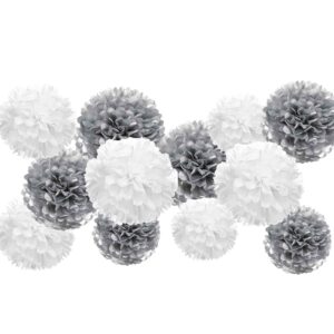 aim & ggkk paper pom poms white and silver tissue hanging paper pom poms,flower ball wedding birthday party decoration(12pcs,8"&10"&12")