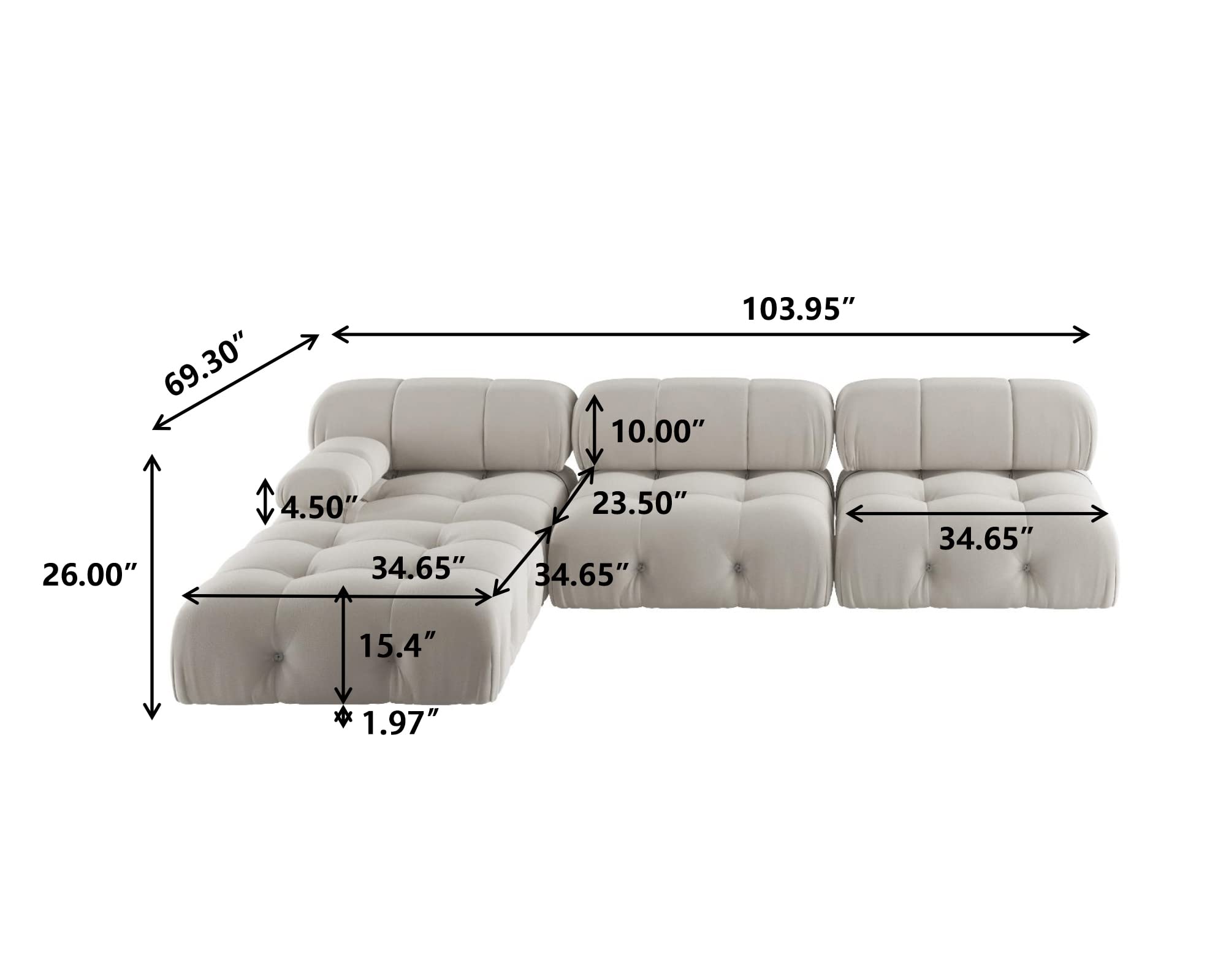 Sdorens Modern Velvet Sectional Sofa, L Shape Minimalist Modular 4-Seater Sofa with Ottomans for Living Room Office Apartment (104in/Beige)