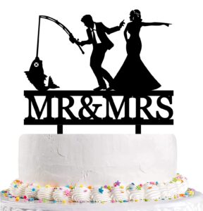 yuezoloz funny fishing wedding cake topper - just wait a second - the bride urges groom to get married,fishing couple cake topper, mr & mrs wedding cake topper (fishing couple)