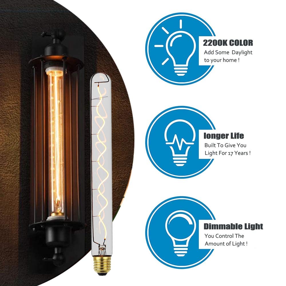 WOPARU Long Test Tube Spiral Vintage Edison Filament Light Bulb，T10/T32 Medium (E26) Standard Base E27，4W 2200K 240LM Dimmable LED Edison Bulb,40W Equivalent Warm White (Clear Glass)