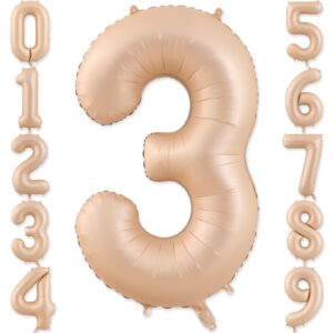 3 balloon, number 3 balloon, 3 balloon number 40 inch, beige large big foil number balloons for birthday party graduation wedding anniversary baby shower bachelorette decoration supplies