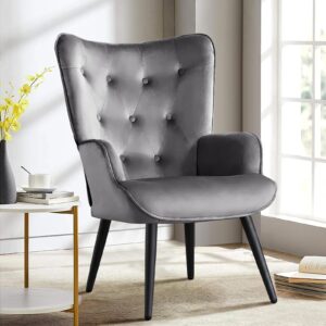 Furniliving Modern Accent Chair, Velvet Tufted Button Wingback Chair Upholstered Side Armchair Comfy Lounge Chair with Tapered Legs Sofa Leisure Chair for Home Office/Living Room/Bedroom, Grey