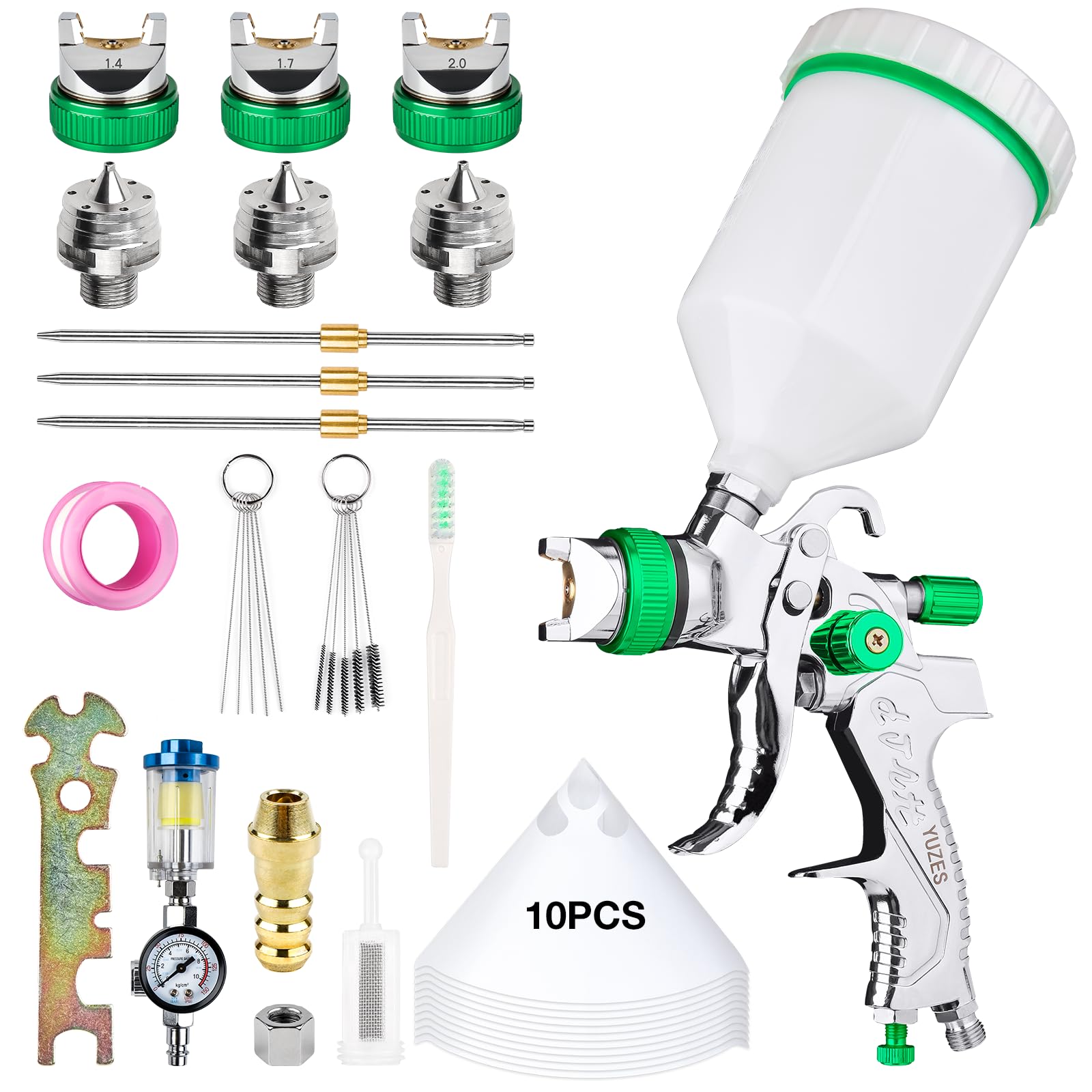 YUZES HVLP Spray Gun with 1.4/1.7/2.0mm Copper Nozzles, Automotive Paint Gun Set, Spray Paint Gun with Air Regulator and 10 PCS Paper Funnel, Paint Gun for Cars Primer, Furniture, DIY (Green)