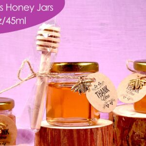 DnayDkiy 40 Pack 1.5 oz Hexagon Mini Glass Honey Jars with Dipper, Gold Lids, Bee Pendants, Jutes, Golden Gift Bags and Thank You Cards - Perfect for Baby Shower Favors, Wedding Favors Party Favors