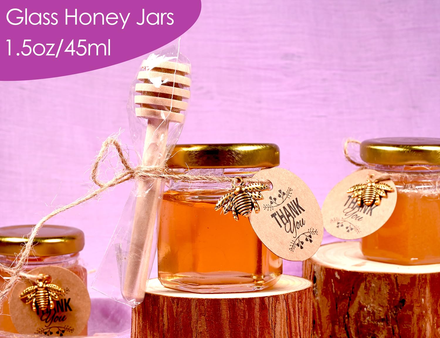 DnayDkiy 40 Pack 1.5 oz Hexagon Mini Glass Honey Jars with Dipper, Gold Lids, Bee Pendants, Jutes, Golden Gift Bags and Thank You Cards - Perfect for Baby Shower Favors, Wedding Favors Party Favors