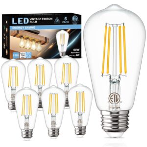 vintage led edison bulbs e26 standard base, golspark 3000k soft white 6w e26 led bulb 60 watt equivalent, outdoor antique st58 filament clear glass type a light bulb, 85+cri, 6 pack 700lm non-dimmable