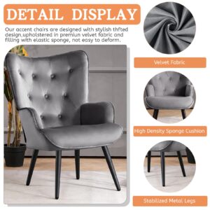 Furniliving Modern Accent Chair, Velvet Tufted Button Wingback Chair Upholstered Side Armchair Comfy Lounge Chair with Tapered Legs Sofa Leisure Chair for Home Office/Living Room/Bedroom, Grey