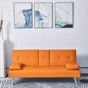 tmeosk faux leather upholstered modern convertible folding futon sofa bed with 2 cup holders, adjustable sofa sleeper with removable armrests for living room office small space, orange