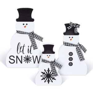 whaline 3pcs christmas snowman wooden decorations black white snowman wood centerpiece with plaid ribbon xmas tiered tray decor rustic snowman blocks for xmas home mantel fireplace tabletop decor