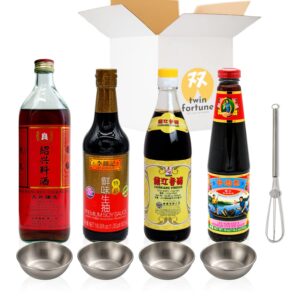 chinese cooking sauces essentials tfc101 - key flavors of authentic chinese cuisine, soy sauce black vinegar oyster sauce shaoxing cooking wine, 4 twinfortune stainless steel sauce trays, 1 whisk