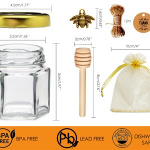 DnayDkiy 40 Pack 1.5 oz Hexagon Mini Glass Honey Jars with Dipper, Gold Lids, Bee Pendants, Jutes, Golden Gift Bags and Thank You Cards - Perfect for Baby Shower Favors, Wedding Favors Party Favors