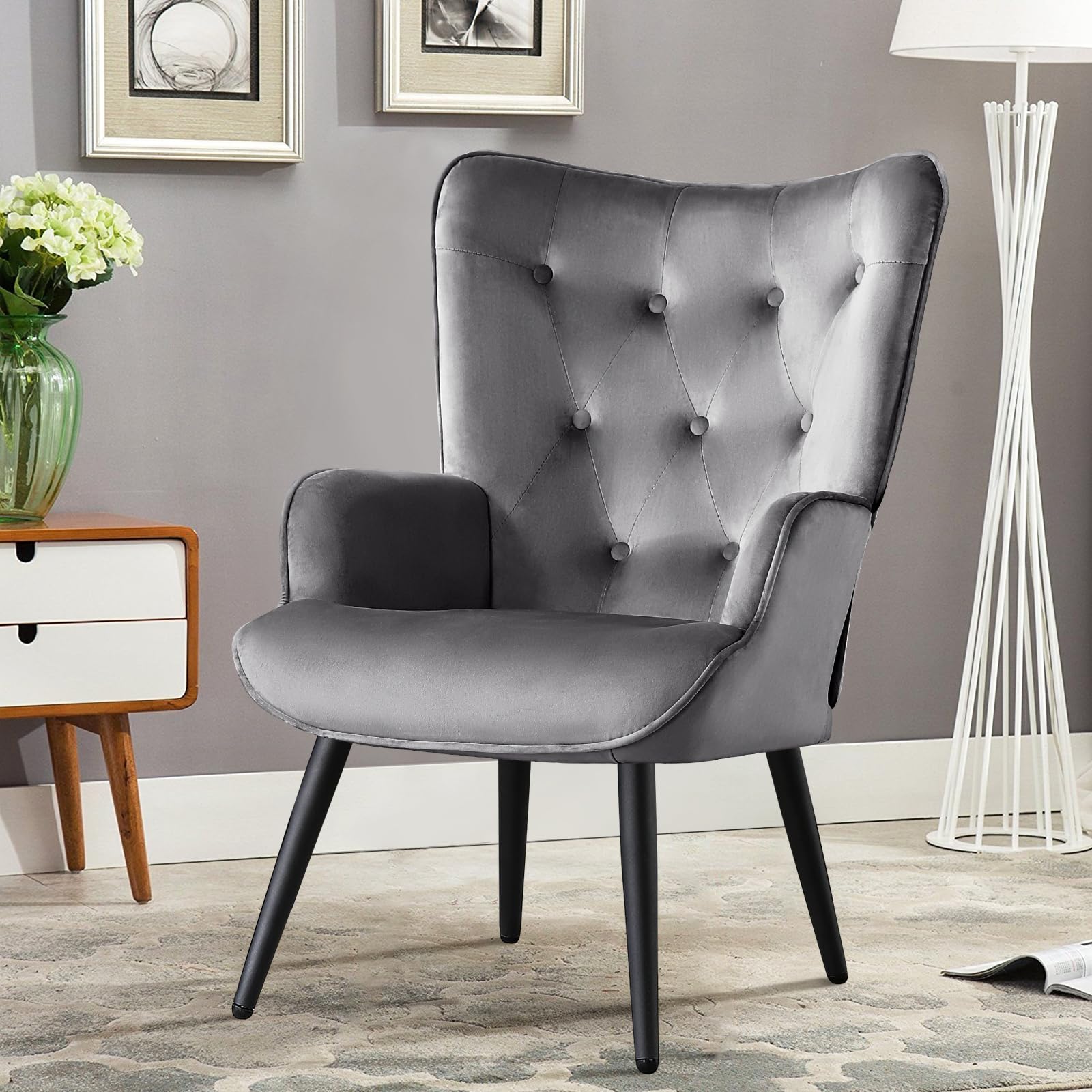 Furniliving Modern Accent Chair, Velvet Tufted Button Wingback Chair Upholstered Side Armchair Comfy Lounge Chair with Tapered Legs Sofa Leisure Chair for Home Office/Living Room/Bedroom, Grey