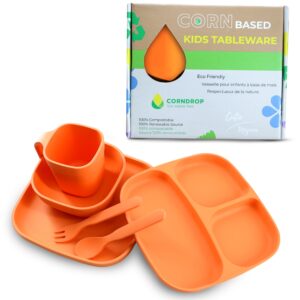 corndrop suction plates for toddlers baby set of 6 - shatter proof, eco-friendly, stylish and reusable pla kids dinnerware sets - including square bowl, cup, spoon, fork, and 2 plates(orange)