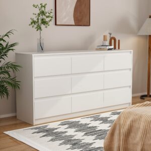 homsee 9 drawers double dresser, modern wood dresser chest of drawers with large storage space for bedroom, white (63”l x 15.7”w x 31.5”h)