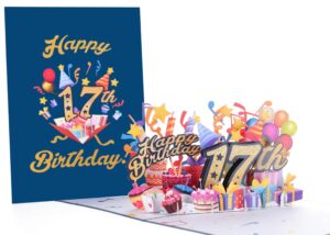 igifts and cards happy 17th blue birthday 3d pop up greeting card – awesome 17 birthday card daughter, son, turning seventeen birthday gift grandson, granddaughter, unique present, 5" x 7"