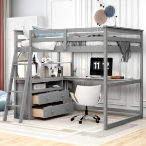 full loft bed with desk and storage drawers, wood full size loft bed with storage shelves, angled ladder and wood slat support, high loft bed for kids, teens, adults boys & girls, gray