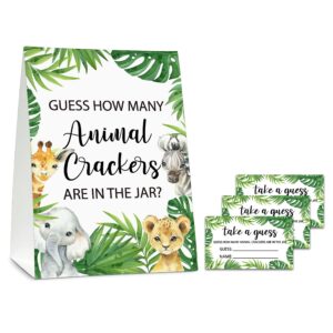 guess how many animal crackers baby shower game, jungle animal, safari theme baby shower game - 1 standing sign and 50 cards for gender neutral baby shower-lk-d05