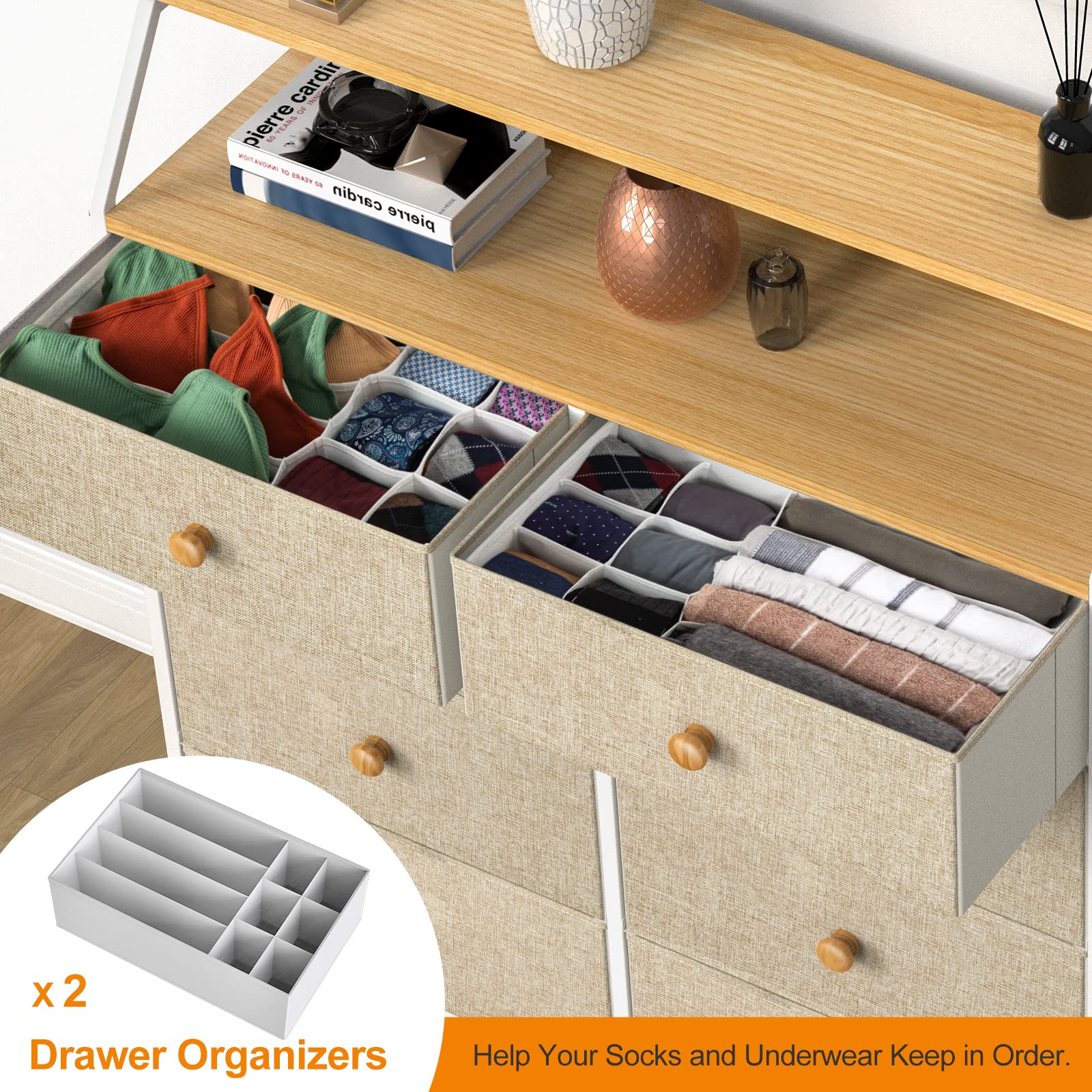 REAHOME 8 Drawer Steel Frame Wood Top Storage Organizer Dresser for Closet, Living Room, and Entryway with 2 Additional Drawer Organizers, Taupe