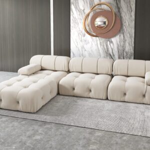 Sdorens Modern Velvet Sectional Sofa, L Shape Minimalist Modular 4-Seater Sofa with Ottomans for Living Room Office Apartment (104in/Beige)