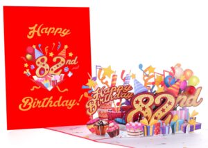 igifts and cards happy 82nd red birthday 3d pop up greeting card – awesome 82nd birthday card for woman, man, happy eighty two birthday gift for mom, dad, best wife, husband unique present, 5" x 7"