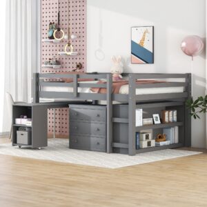 bellemave low full loft bed with desk and dresser wood kids loft beds frame with cabinet & storage shelves & rolling portable desk for juniors, teen, boys, girls, full size, gray