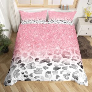 leopard print duvet cover set twin size,kids girls woman feminine room decor,pink glitter starry romantic comforter cover,cheetah skin abstract bedding set,fashion glamorous quilt cover,1 pillowcase