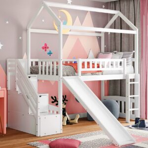 harper & bright designs loft bed with stairs and slide, house loft bed twin size with step storage drawers stairway playhouse bed for kids toddlers girls, boys, no box spring needed (twin, white)