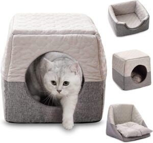 dreamsoule cat cosy cube bed, 3-in-1 foldable cat dog soft sofa cave bed,cool and warm tent cave microfiber bed house with removable washable cushion pillow for indoor cats small dogs puppy pets