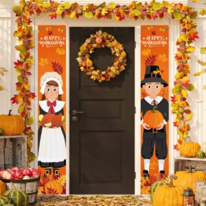 thanksgiving decorations pilgrim boy and girl front porch door sign, happy thanksgiving banner fall harvest front door banners for autumn thanksgiving harvest party supplies decorations