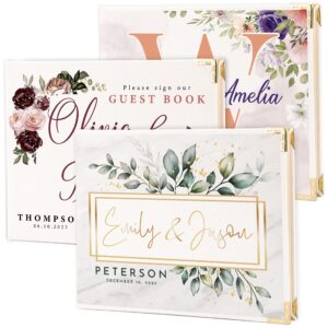 personalized wedding guestbook w/bride and groom name & text & date - 8 floral design 9"x7" inches - customized hardcover canvas guest book registry sign-in gifts, custom large signing books gift c1