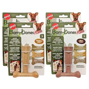 spot by ethical products 4 in bambone plus easy grip peanut butter, beef & chicken dog chew bundle - bamboo & nylon anti anxiety bone for aggressive chewers & dental health for dogs - small (4 pack)