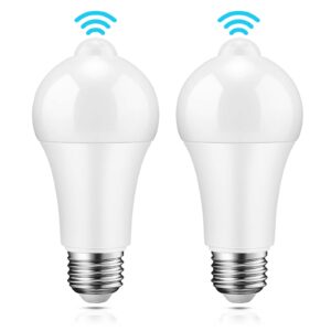 onever motion sensor light bulbs - 12w (100w equivalent) pir motion activated dusk to dawn light bulb auto on/off e26 6000k cool white indoor outdoor security bulb for front door garage hallway 2 pack