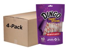 dingo twist sticks 200 count, rawhide for dogs, made with real chicken (4 packs of 50 count)