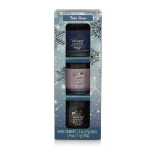 yankee candle first snow 3 pack mini glass jar candle 1.3oz each featuring bayside cedar, smoked vanilla & cashmere, silver sage & pine