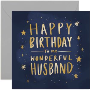 old english co. happy birthday wonderful husband card - gold foil special birthday card for him from wife | stylish card for men | blank inside & envelope included