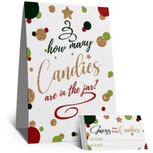 guess how many candies are in the jar christmas kit (1 standing sign + 50 guessing cards), christmas gold red green baby shower, bridal shower decoration, christmas game insert ticket